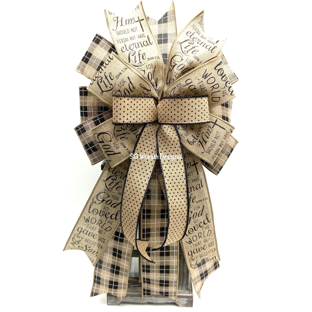 Religious Wreath Bow, John 3:16 Ribbon, Black and Tan Plaid Farmhouse ...