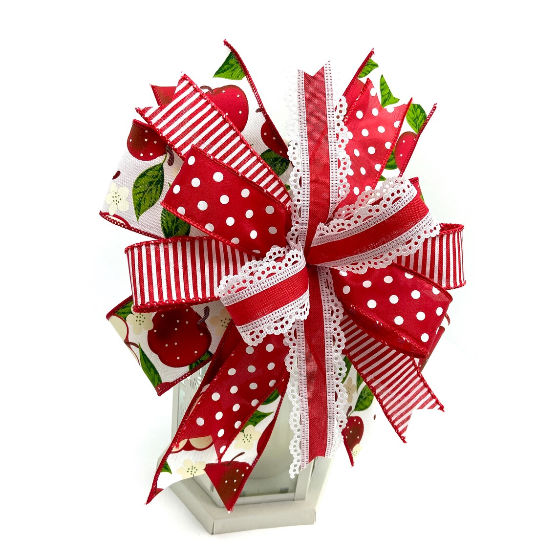 Apple Ribbon Bow, Apple Themed Decor, Red and White Summer Bow, Wreath ...