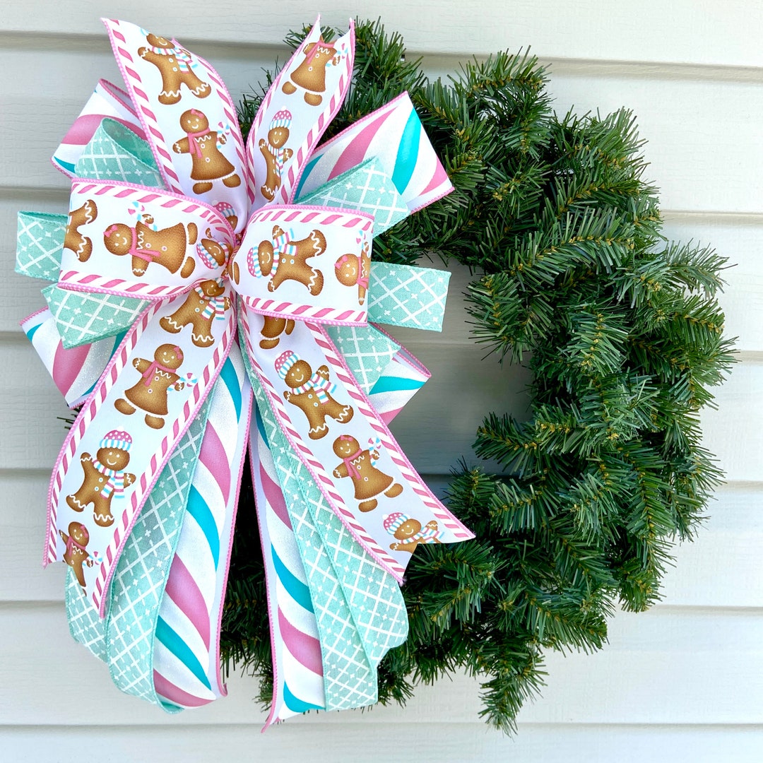 Pink Gingerbread Bow, Pink Christmas Wreath Bow, Whimsical Bow, Tree ...