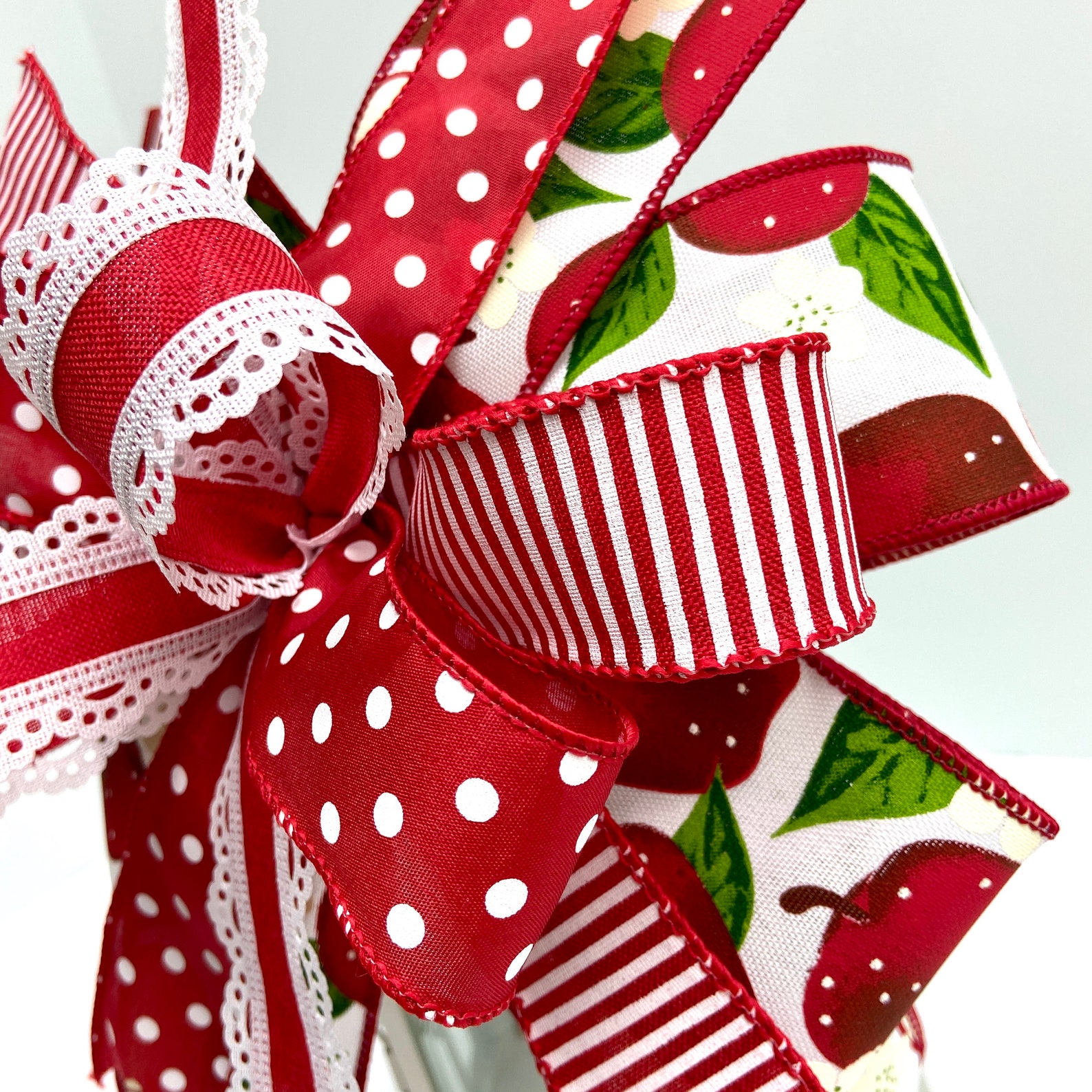 Apple Ribbon Bow, Apple Themed Decor, Red and White Summer Bow, Wreath ...