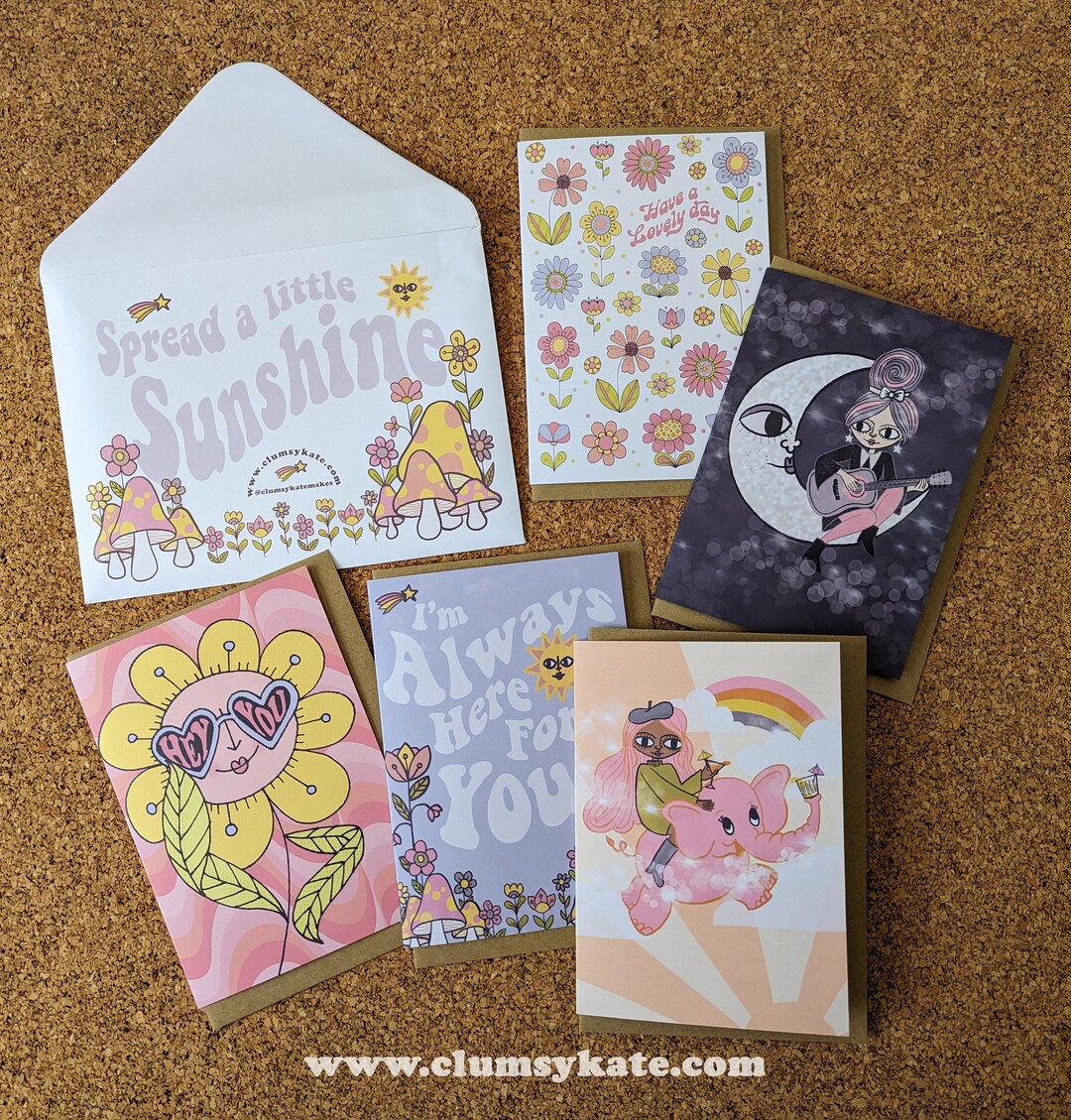 Fun Colourful Retro Inspired Greeting Note Card Set of 5 by Clumsy Kate ...
