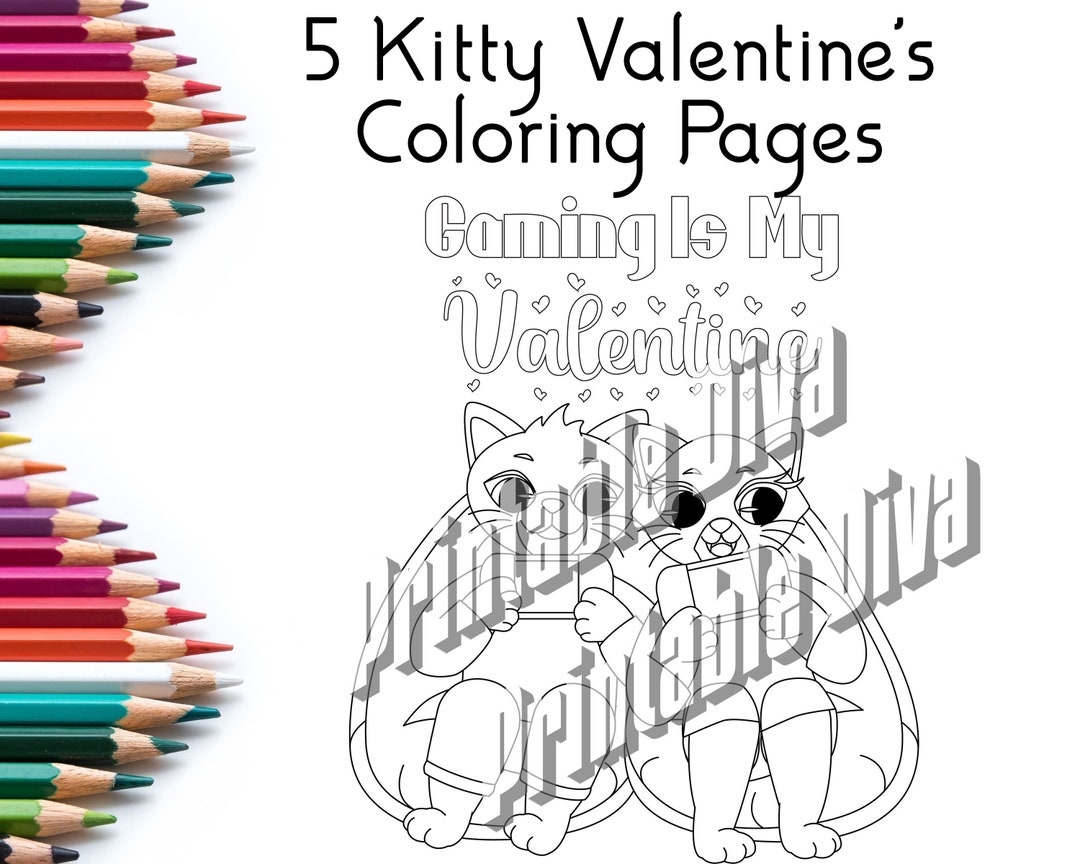 Valentine's Cat Coloring Pages / Printable Coloring for Kids / Cute ...