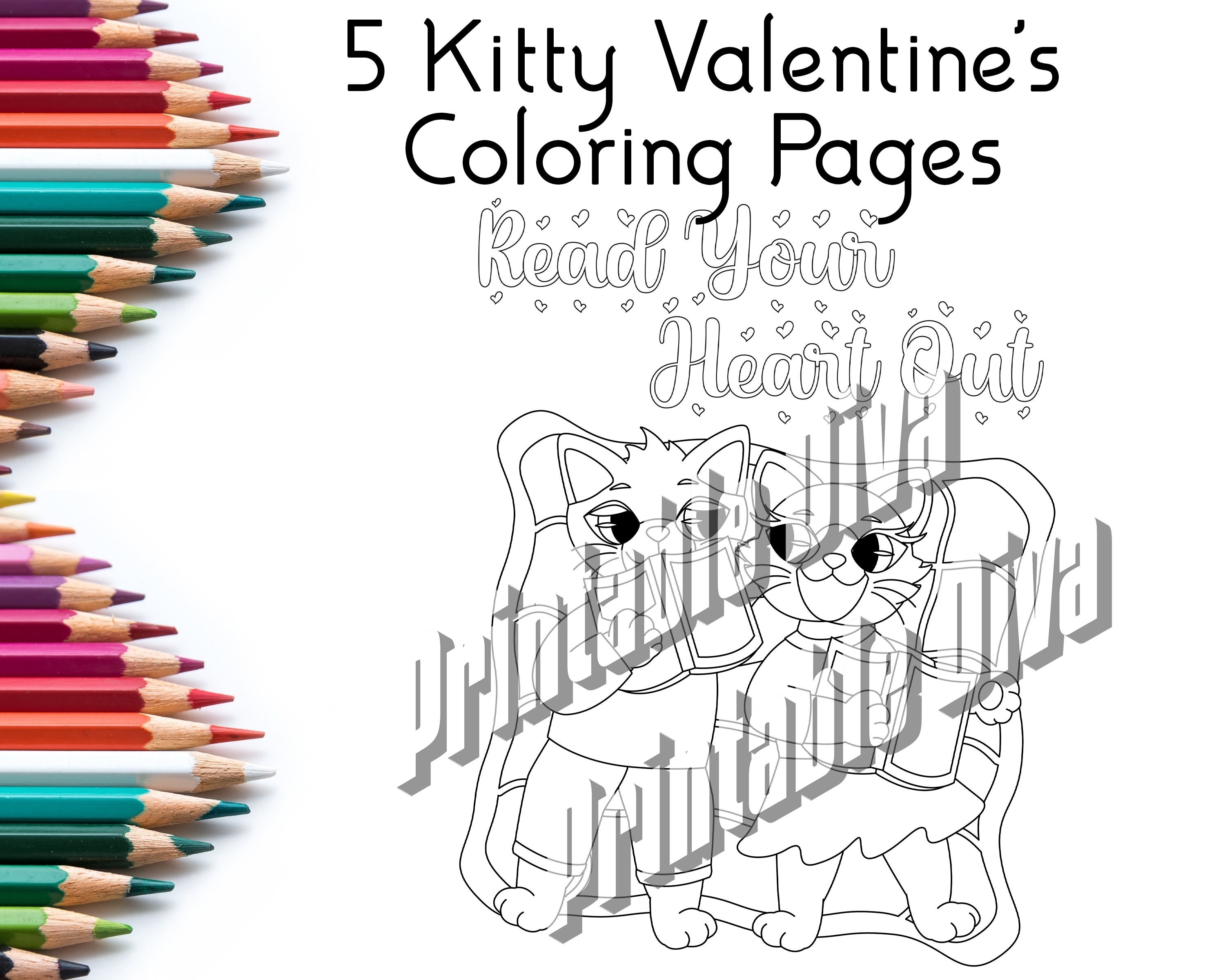 Valentine's Cat Coloring Pages / Printable Coloring for Kids / Cute ...