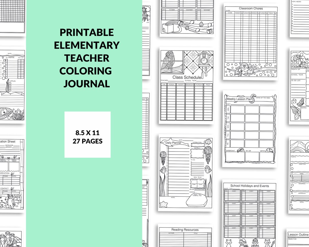 27 Page Printable Coloring Teacher Planner / Elementary School Educator ...