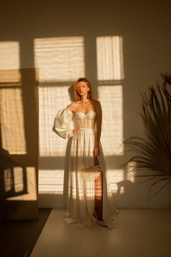 Wedding corset with satin cups satin skirt and satin sleeve. | Etsy