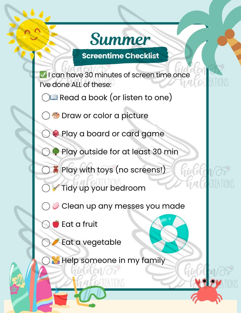 Summer Screentime Checklist Bundle for Kids & Teens | Printable ...