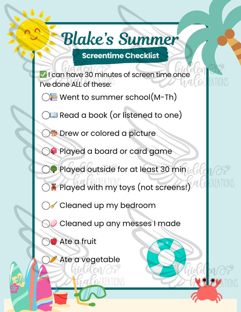 Summer Screentime Checklist Bundle for Kids & Teens | Printable ...