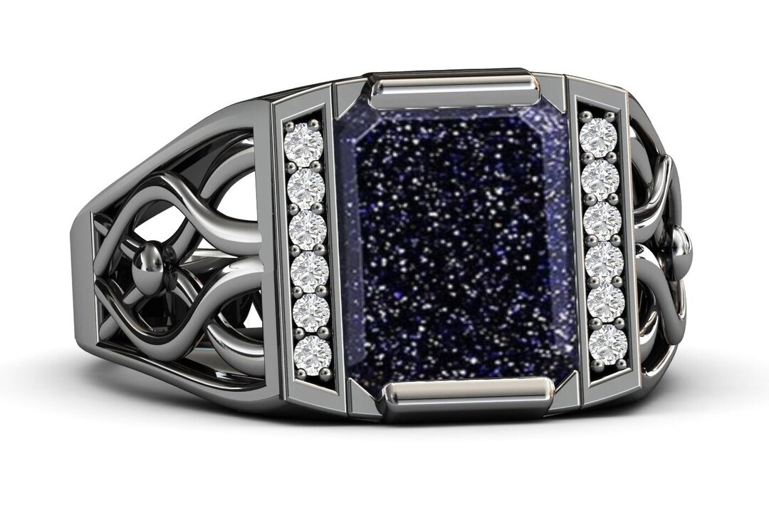 Vintage Blue Sandstone Wedding Ring Emerald Cut Blue Gemstone Men ...