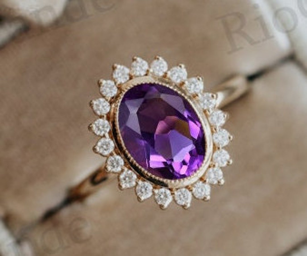 Vintage Amethyst Engagement Ring 14k Rose Gold Amethyst Halo Wedding ...