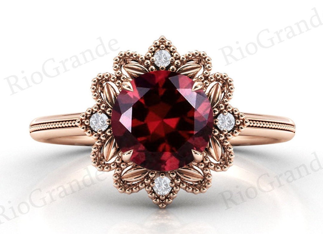 Natural Red Garnet Engagement Ring Vintage Red Garnet Wedding Ring 14k ...