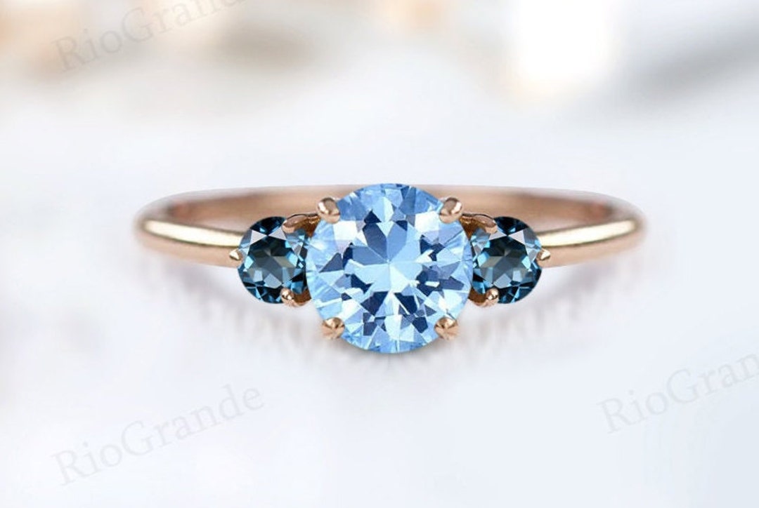 14k Gold Sky Blue Topaz Engagement Ring Vintage Three Gemstone Ring Art Deco Blue Topaz Wedding ...