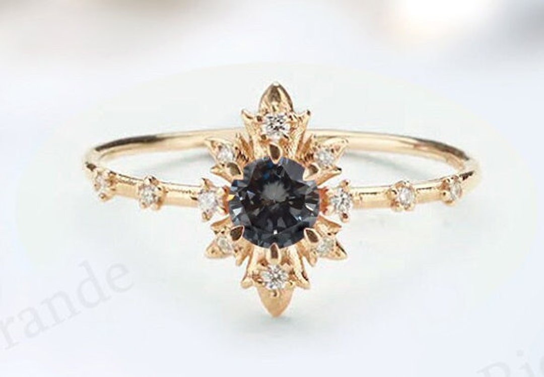 14k Gold Grey Spinel Engagement Ring Art Deco Grey Spinel Dainty ...