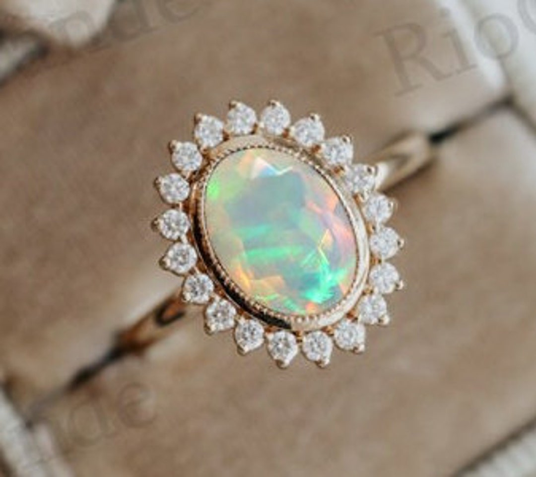 Vintage Opal Engagement Ring Art Deco 14k Gold Opal Halo Wedding Ring ...