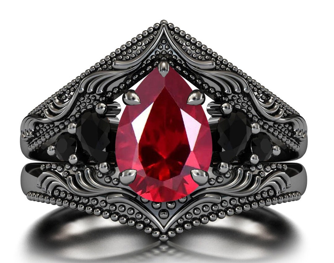 Pear Shaped Ruby Engagement Ring Set Vintage Ruby Wedding Ring Set Art ...