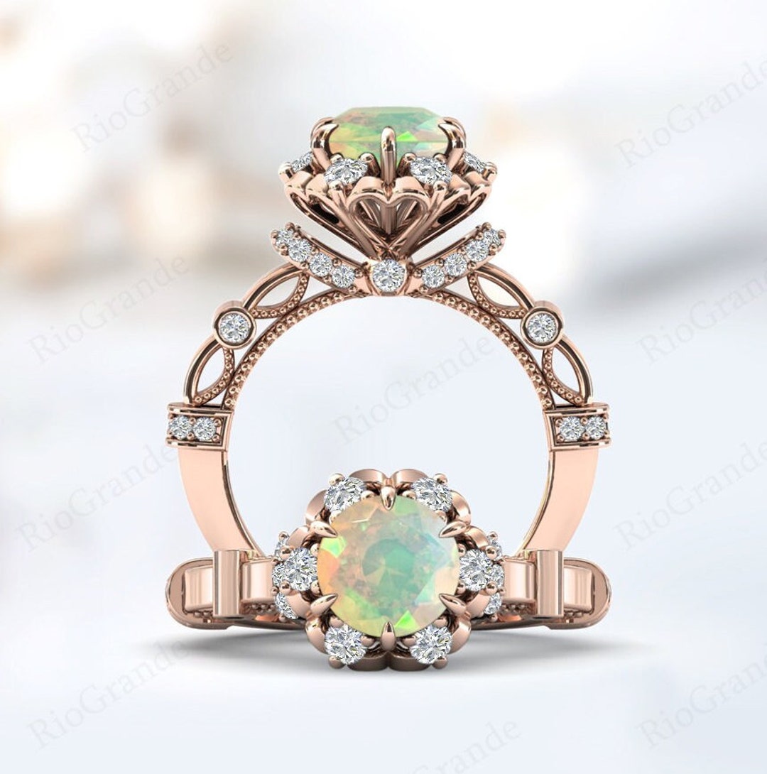 14k Gold Opal Engagement Ring Art Deco Opal Wedding Ring for Women Antique Vintage Anniversary ...
