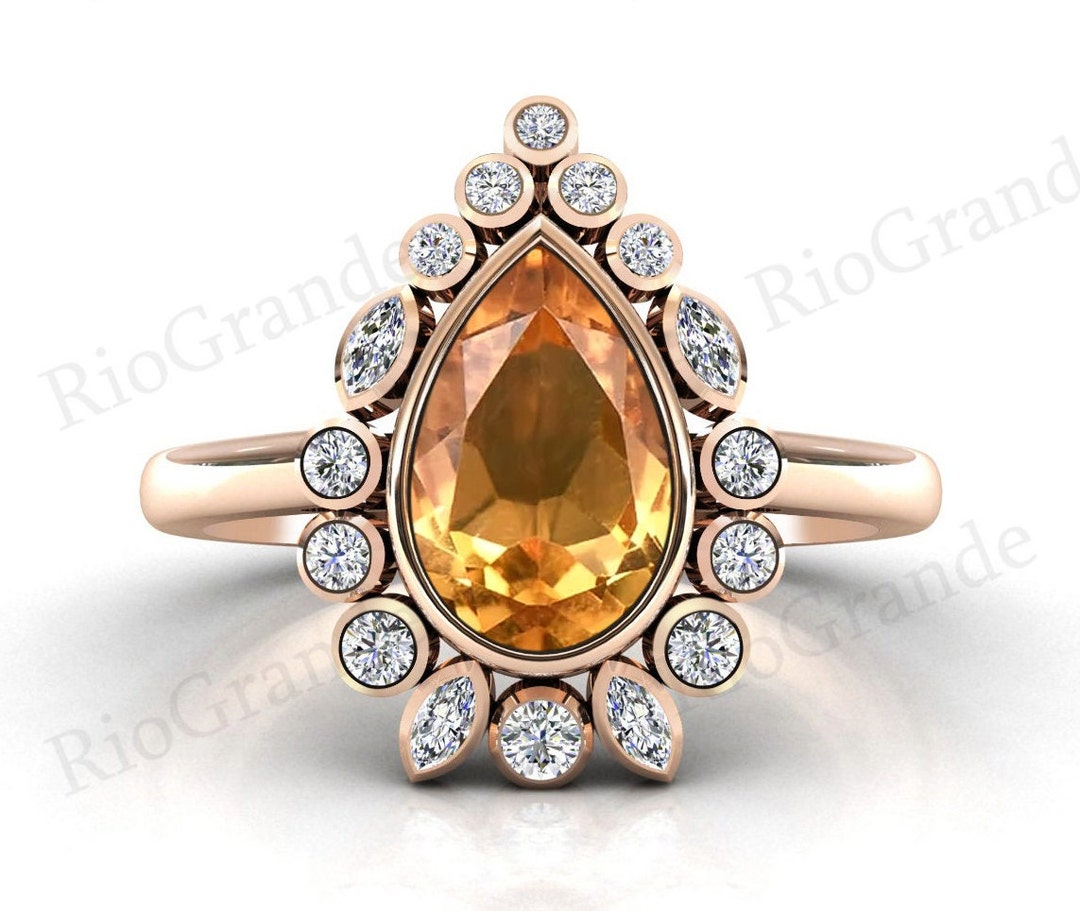 Pear Shaped Citrine Engagement Ring Vintage Citrine Wedding Ring ...