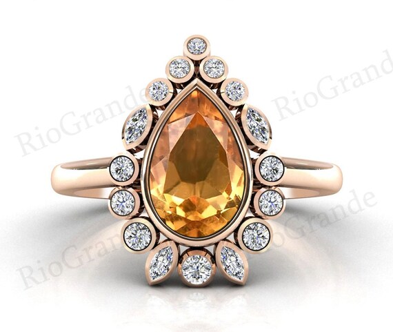 Pear Shaped Citrine Engagement Ring Vintage Citrine Wedding - Etsy