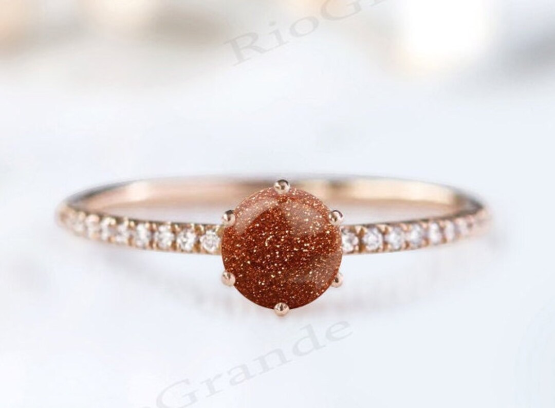 Unique Goldstone Minimalist Wedding Ring for Women 925 Silver Goldstone Engagement Ring Rose ...