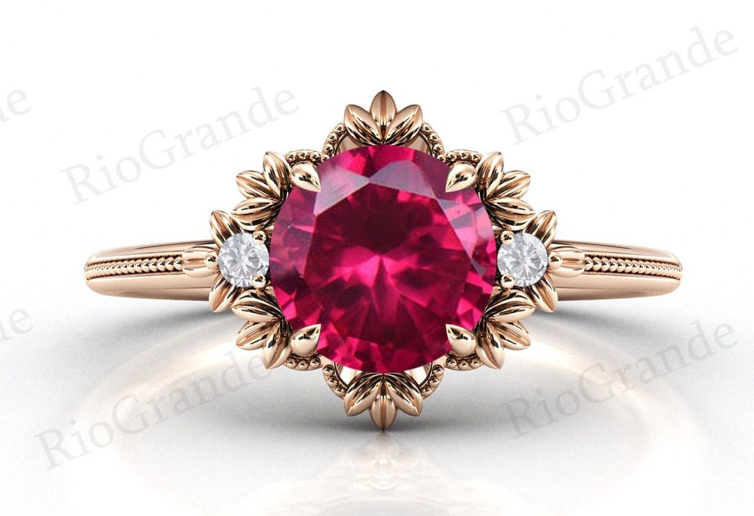 Art Deco Ruby Engagement Ring 14k Gold Ruby Wedding Ring Antique Floral Leaf Style Ruby Bridal ...