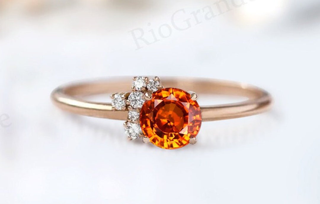 Unique Orange Sapphire Cluster Engagement Ring 14k Gold Sapphire Dainty ...