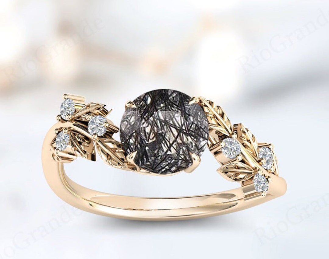 Black Rutilated Quartz Engagement Ring for Women Unique Vine Leaf Ring ...