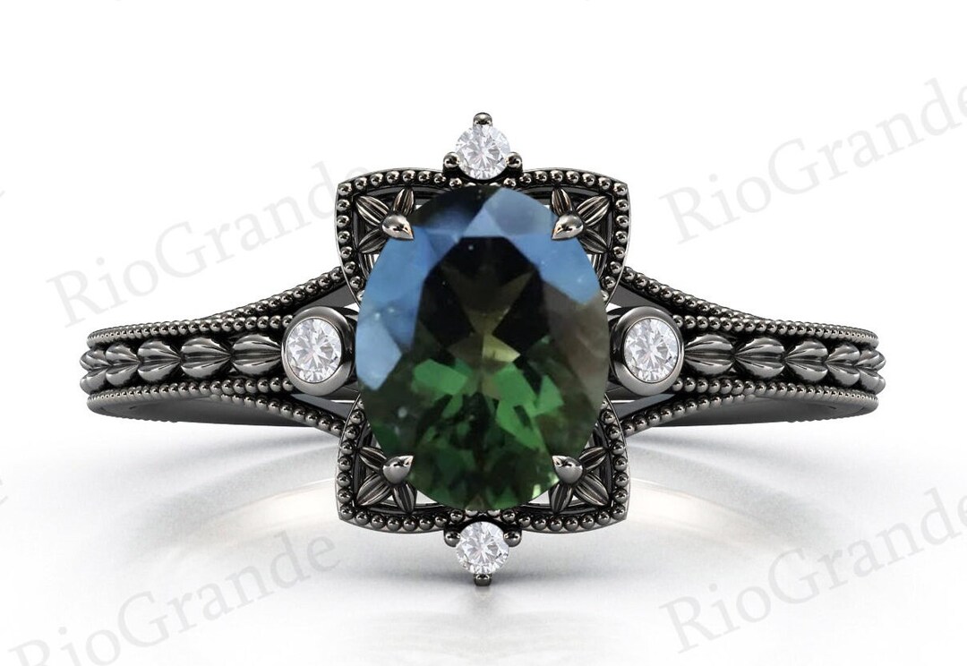 Art Deco Moldavite Engagement Ring Oval Shape Moldavite Wedding Ring ...