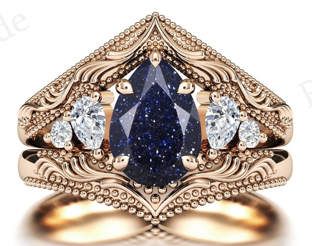 Galaxy Blue Sandstone Engagement Ring Set Milgrain Pear Shape Blue ...