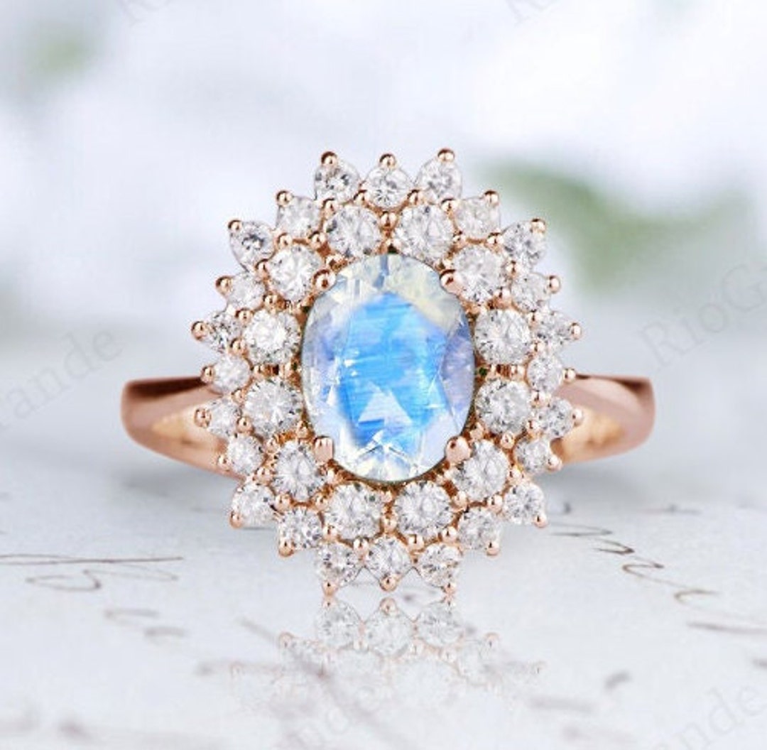 14k Gold Moonstone Floral Engagement Ring for Women 925 Silver Floral ...