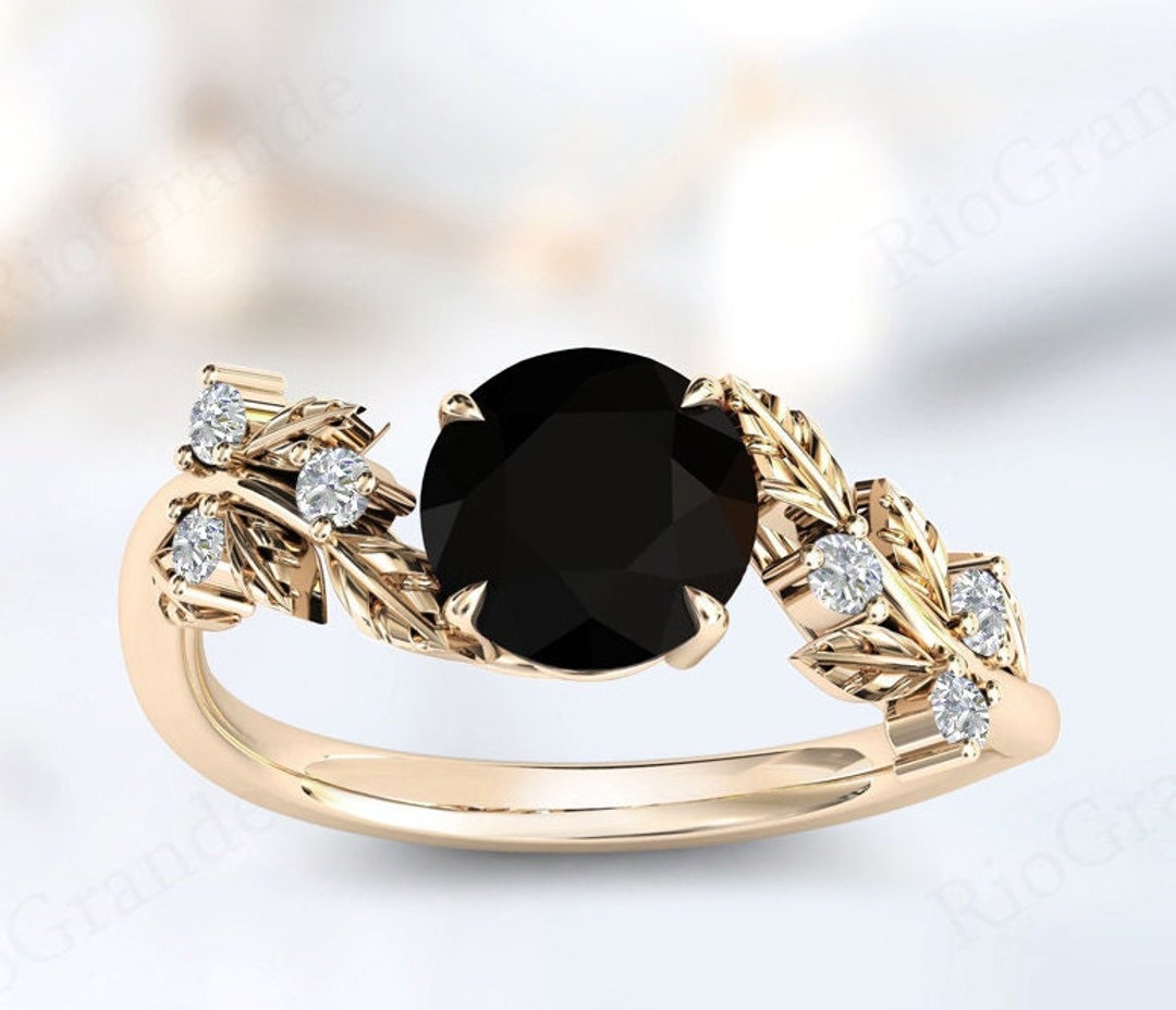 Art Deco Black Onyx Vine Leaf Engagement Ring Women Antique Wedding Ring 14k Gold Black Onyx ...