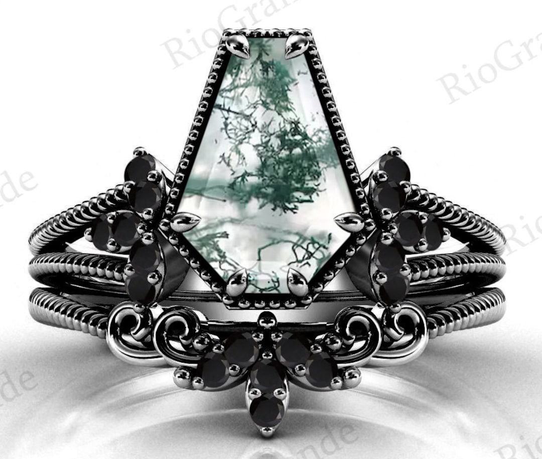Vintage Moss Agate Engagement Ring Set Coffin Shaped Moss Agate Wedding ...