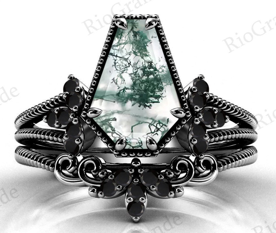 Vintage Moss Agate Engagement Ring Set Coffin Shaped Moss - Etsy