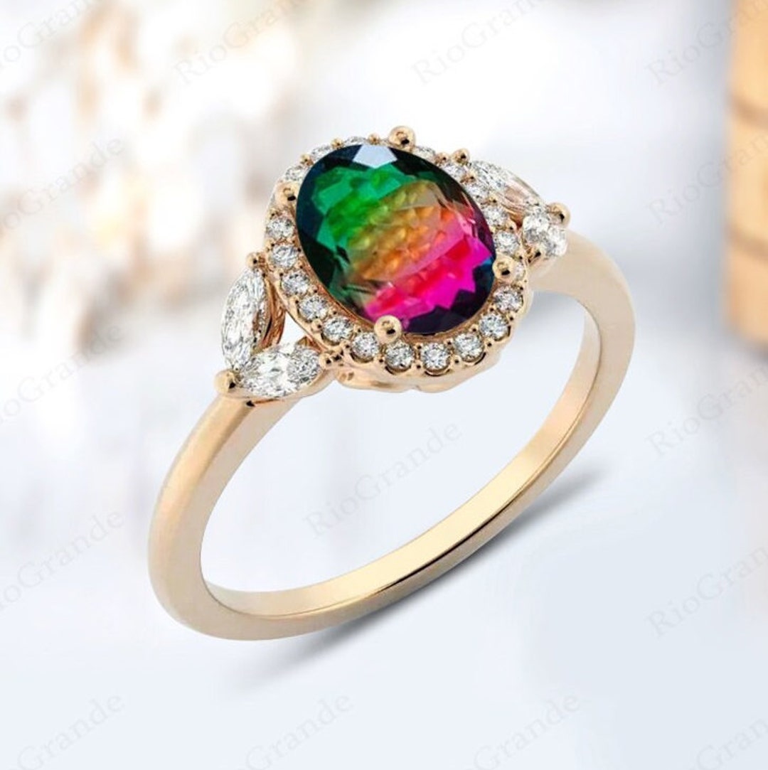 Watermelon Tourmaline Engagement Ring Art Deco Halo Wedding Ring Oval ...