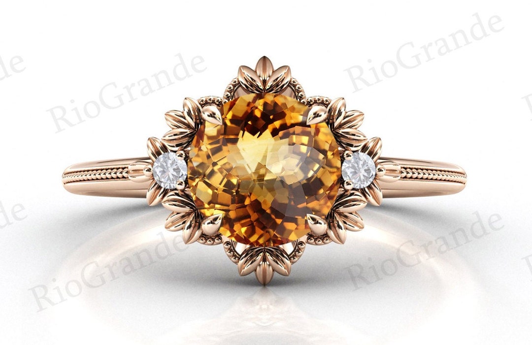 Antique Floral Yellow Citrine Engagement Ring Art Deco Citrine Wedding ...