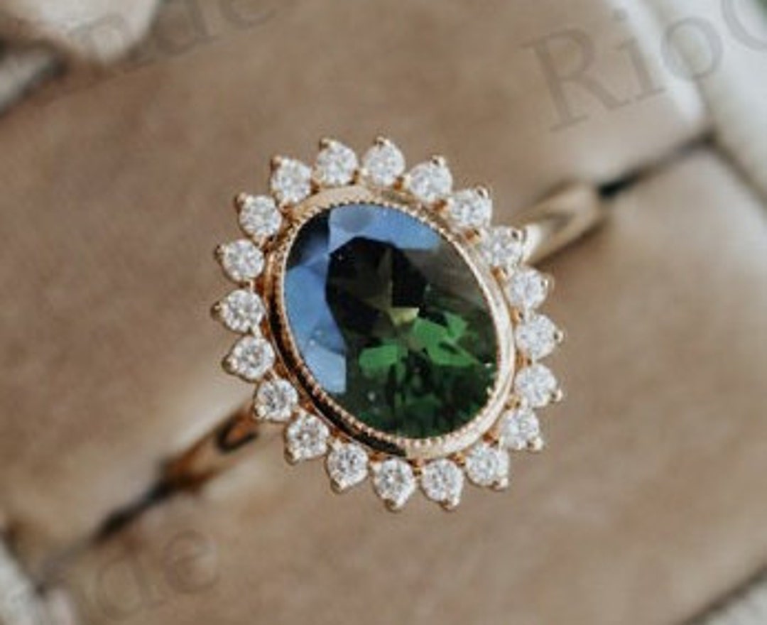 Vintage Moldavite Engagement Ring Antique Green Gemstone Wedding Ring ...