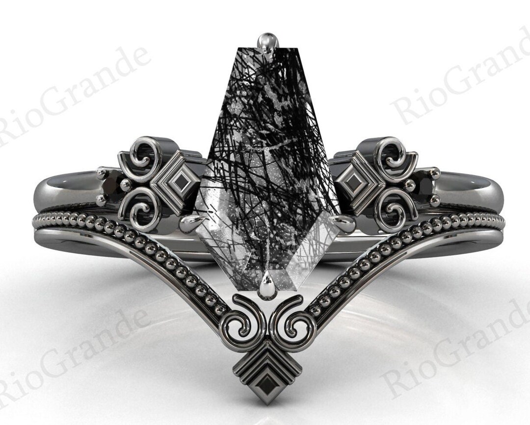 Coffin Shaped Black Rutiled Engagement Ring Set Black Metal Gemstone Ring Set Art Deco Black ...