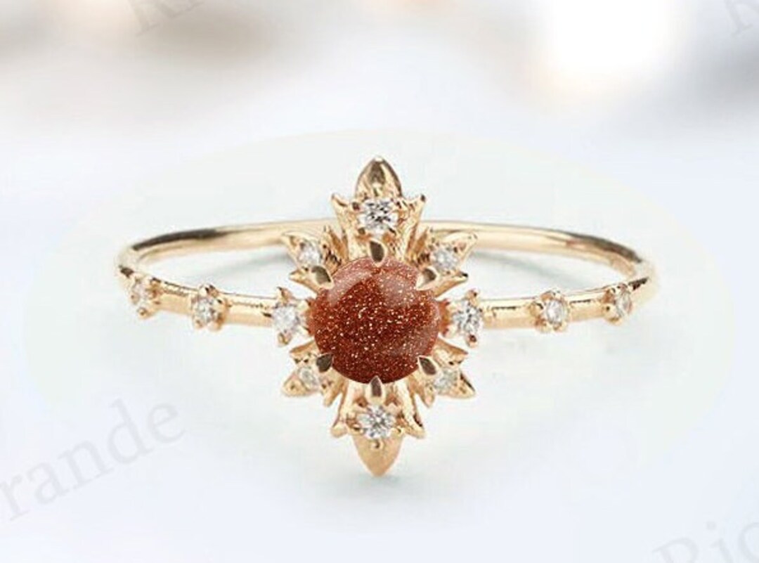 Unique Goldstone Minimalist Engagement Ring for Women 925 Silver Goldstone Dainty Wedding Ring ...