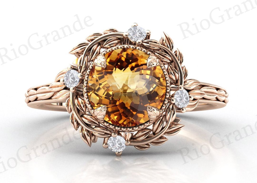 14k Gold Yellow Citrine Engagement Ring Art Deco Citrine Wedding Ring ...
