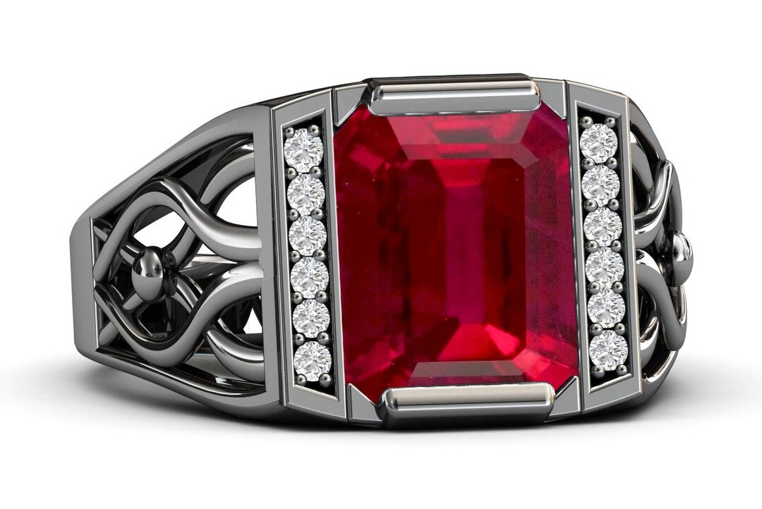 Vintage Emerald Cut Ruby Engagement Ring for Men Red Gemstone Wedding ...