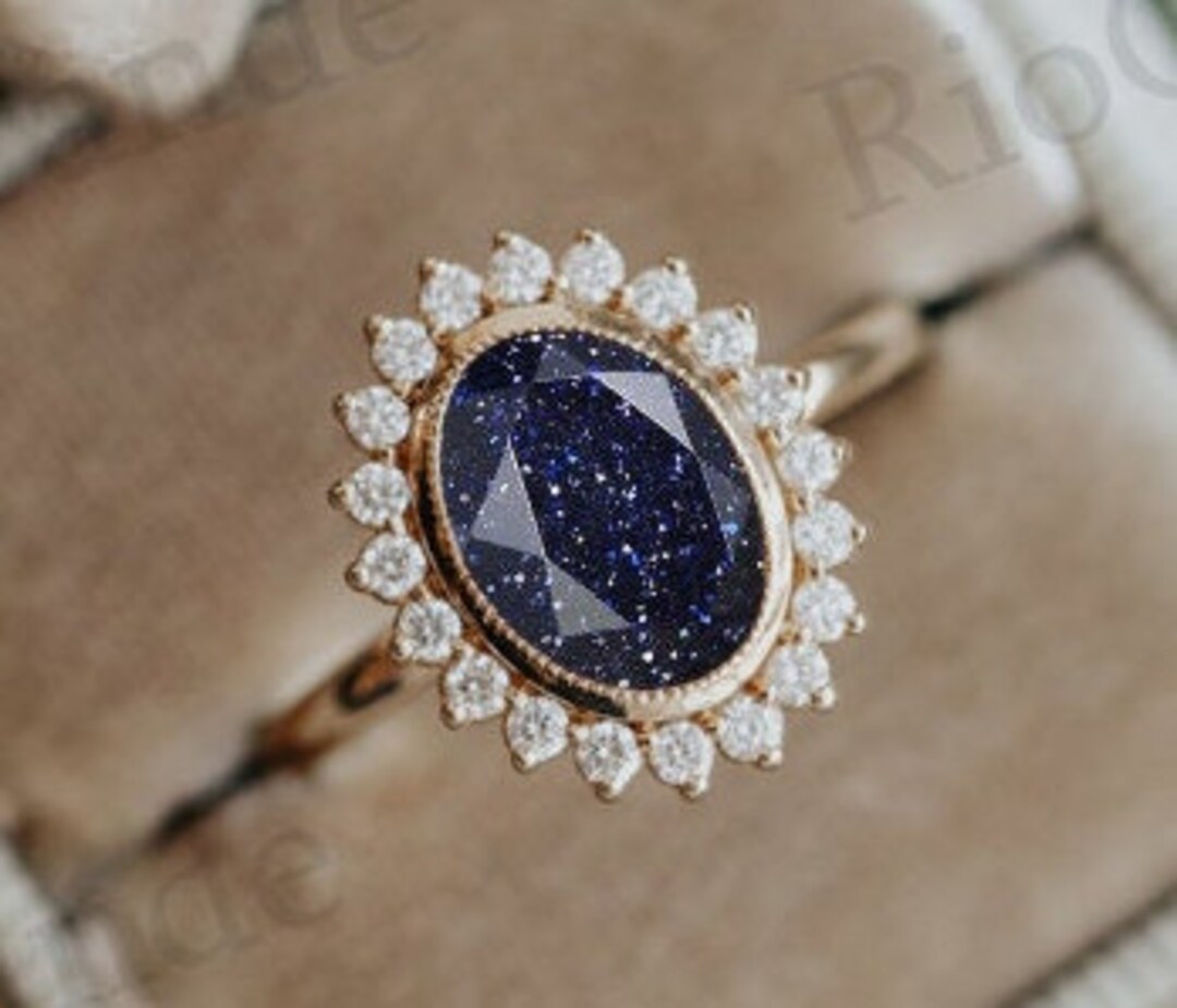 Vintage Blue Sandstone Engagement Ring Galaxy Blue Sandstone Halo ...