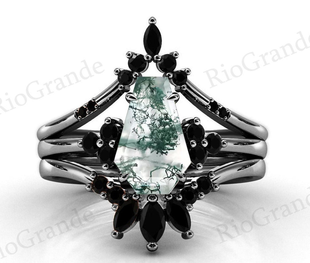 Coffin Shape Moss Agate Engagement Ring Set Art Deco Moss Agate 3pc ...