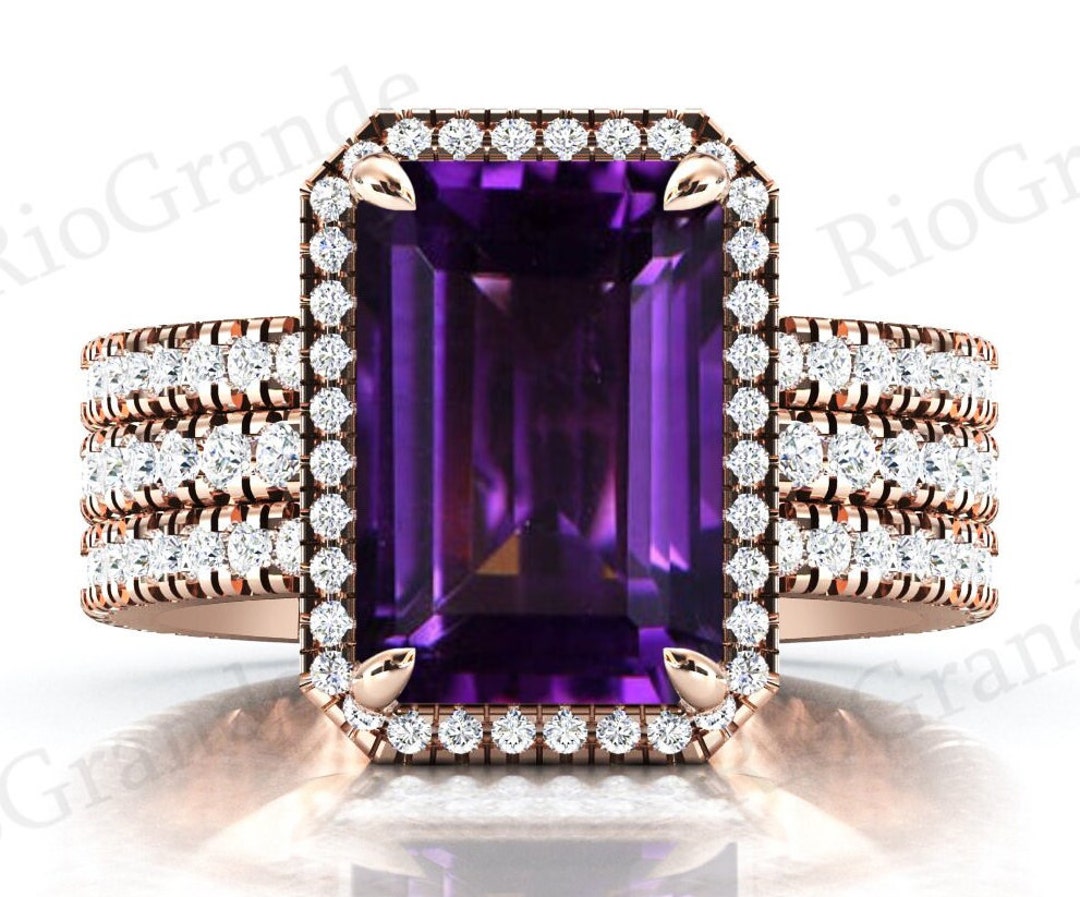 5ct. Vintage Amethyst Engagement Ring Set 14k Gold Amethyst Wedding ...