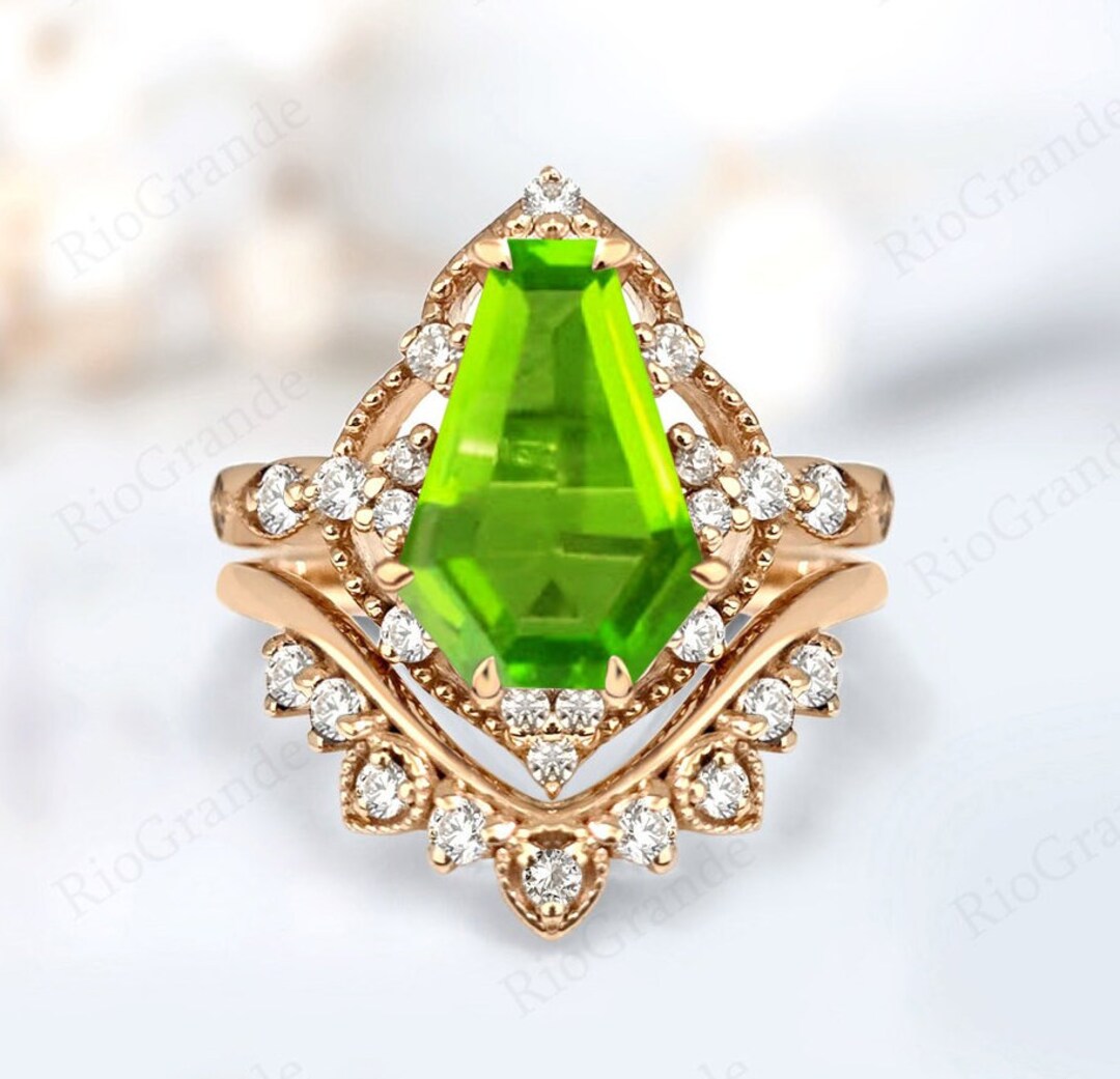 Coffin Shaped Peridot Engagement Ring Set Art Deco 2 Pce Wedding Ring ...