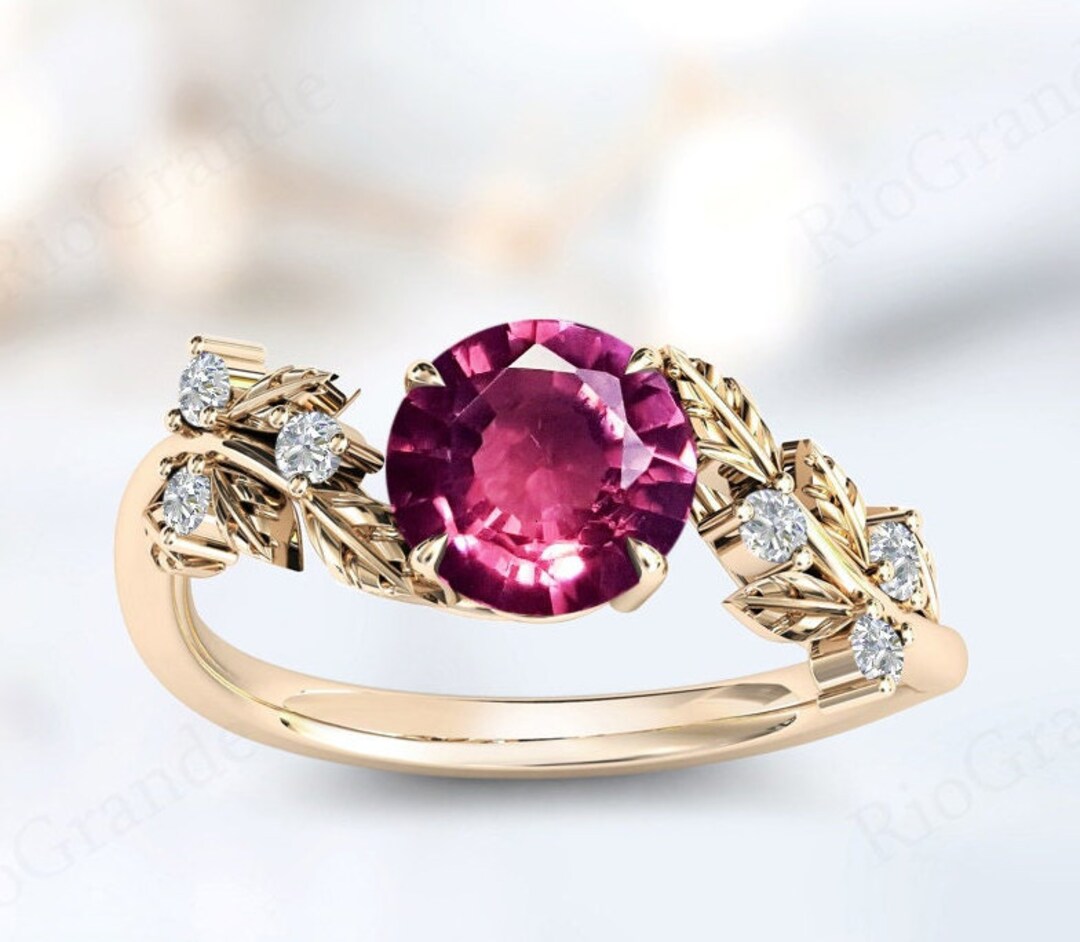 Raspberry Rhodolite Garnet Engagement Ring for Women Vintage Vine Leaf ...