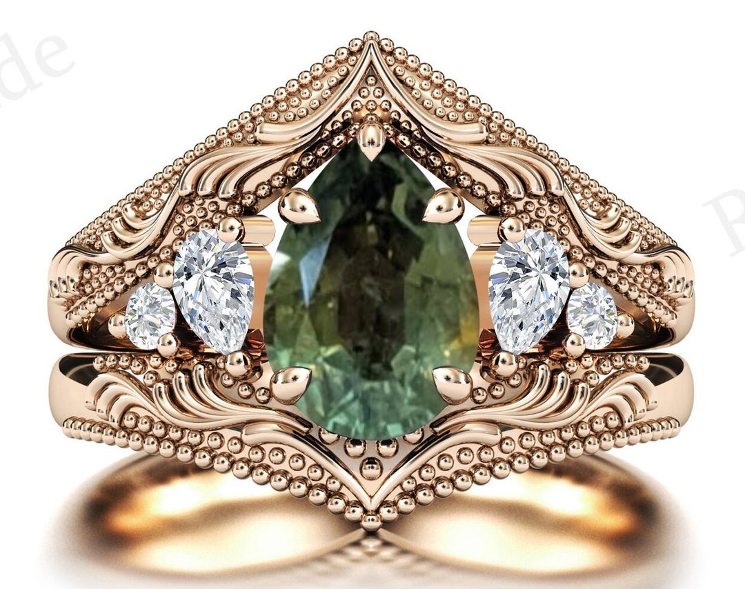 Antique Pear Shaped Moldavite Engagement Ring Set Vintage Moldavite ...