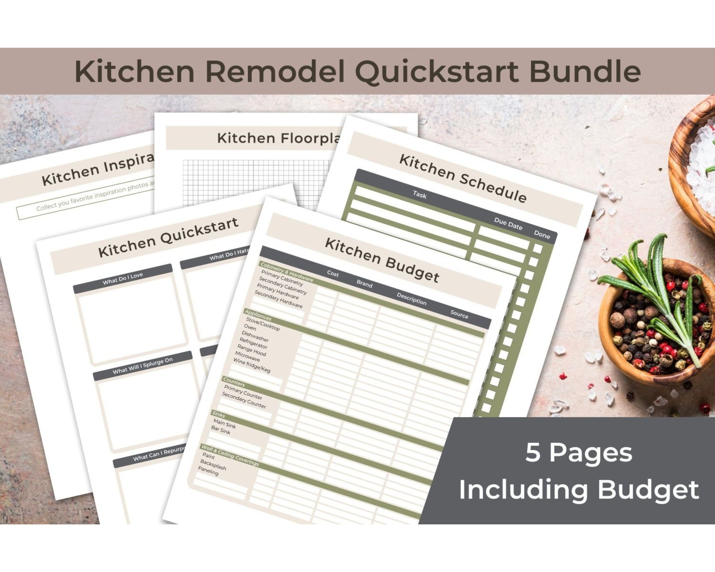 Kitchen Remodel Quickstart Bundle, Printable Remodel Budget Planner, Floorplan Printable, Simple ...