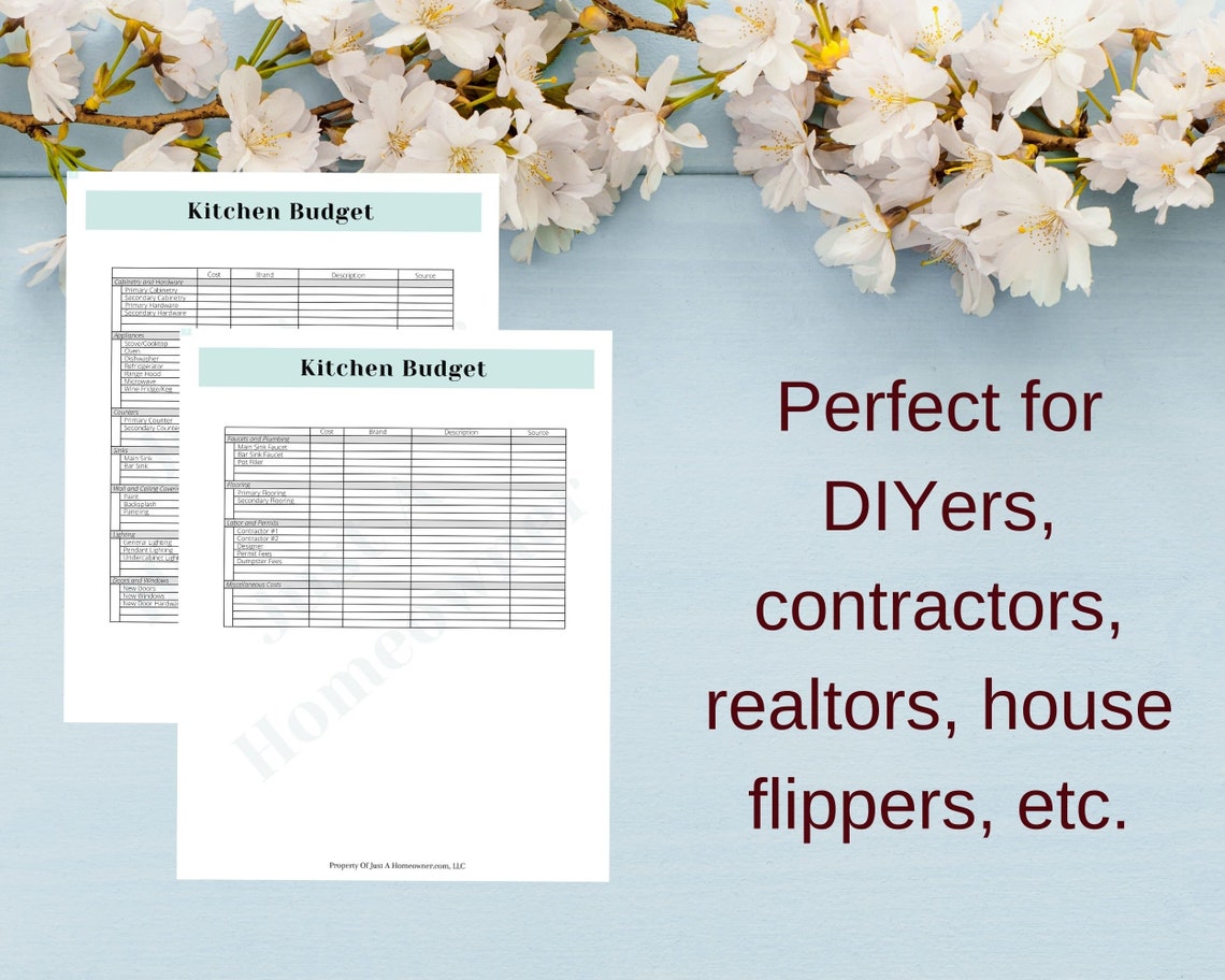 Printable custom kitchen remodel budget excel file included | Etsy