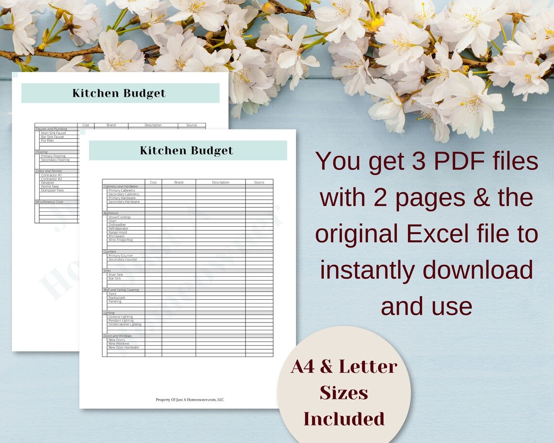 Printable custom kitchen remodel budget excel file included | Etsy