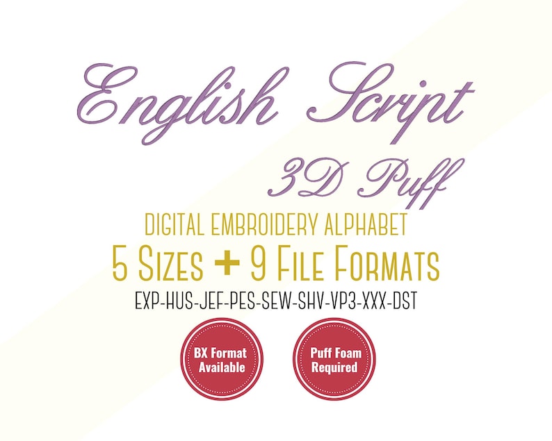 3D Puff Cursive Script Embroidery Font; 5 Sizes, BX Font, PES + 8 Other ...