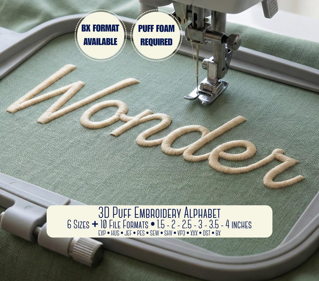 3D Puff Embroidery Font Alphabet;cursive Script 3D Font, 6 Sizes, BX ...