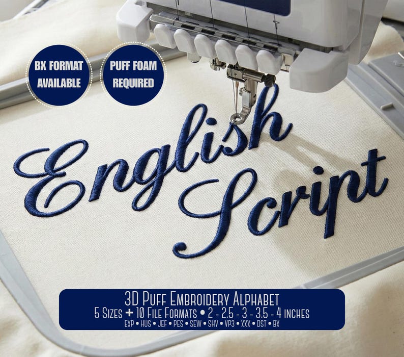 3D Puff Cursive Script Embroidery Font; 5 Sizes, BX Font, PES + 8 Other ...